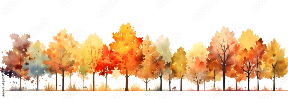 Autumn trees watercolor horizontal banner isolated on transparent ...