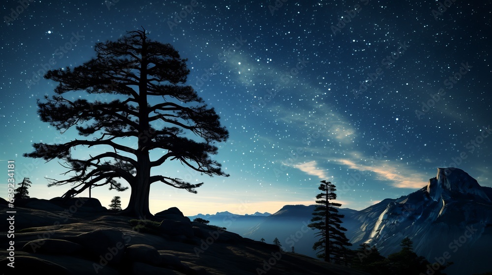 Silhouette of giant evergreen trees in front of the Milky Way at ...