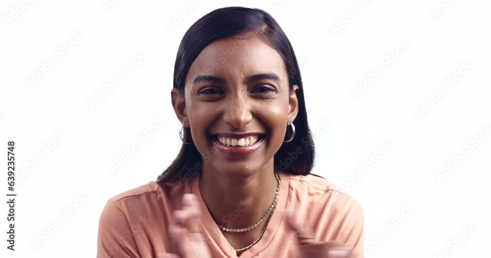 Face, smile and woman with applause, celebration and achievement ...