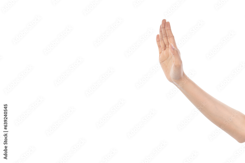 Female teen hand up stop sign isolated on white background with ...