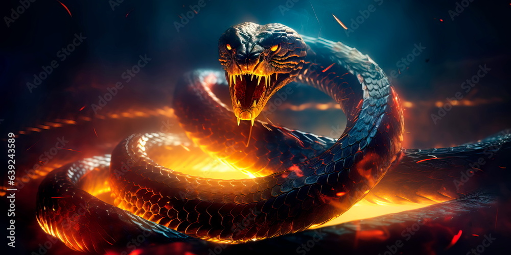 snake, poised with its body coiled, as it lies in wait for a passing ...