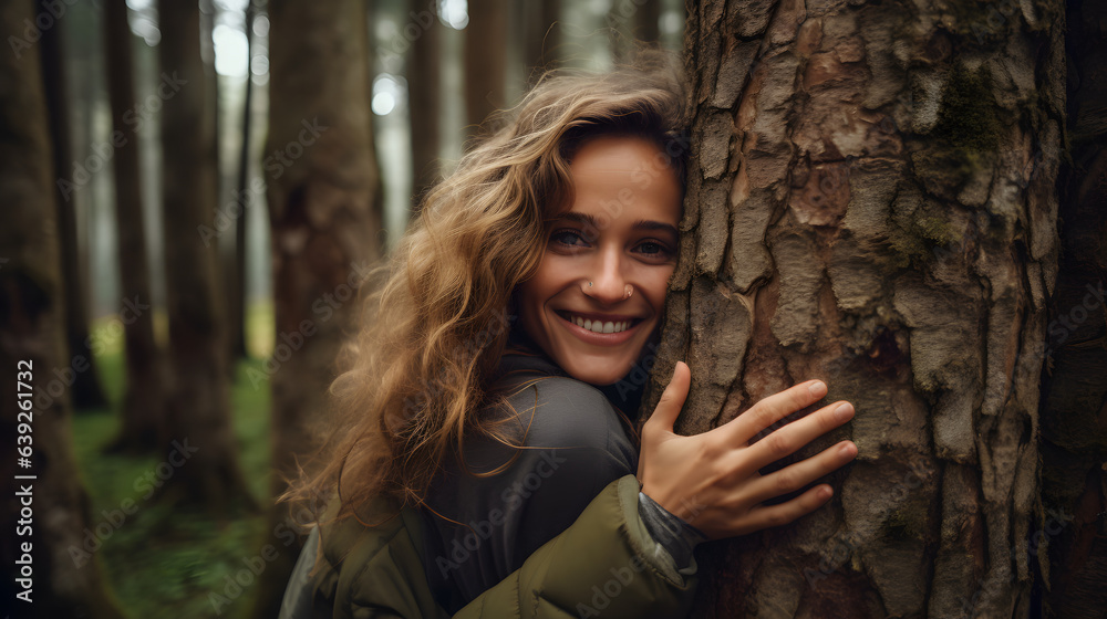 young woman tree hugging in the forest in concept of people love nature ...