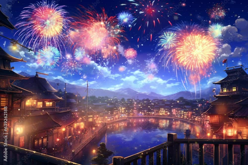 lively night view fireworks background in anime illustration style, 4K ...