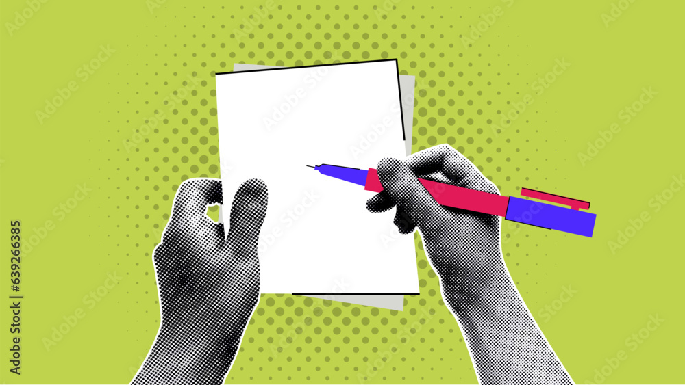 Halftone y2k Hand With Pencil Write A Note. vector retro collage banner ...