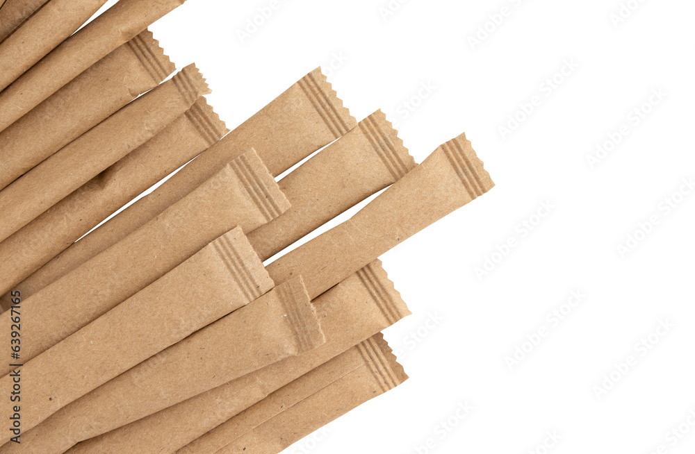 heap of sugar sticks, sugar in paper kraft packaging, mock up for ...