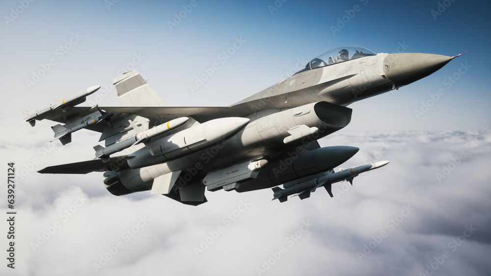 F-16 Fighting Falcon. Jet fighter flying above the clouds. 3d ...