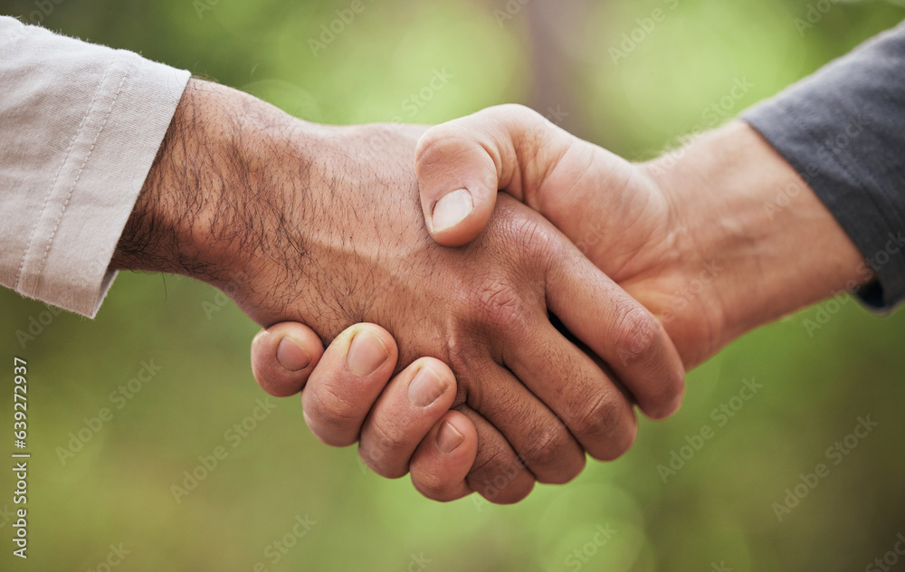 Support, thank you and handshake with people in nature for motivation ...