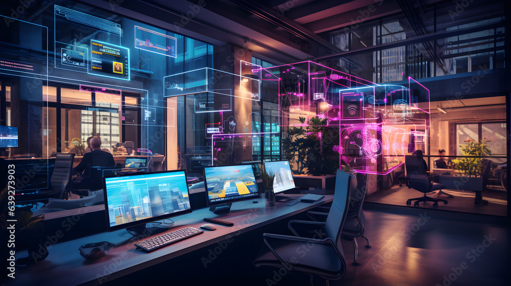 Modern neon cyberpunk open space office interior blurred with ...