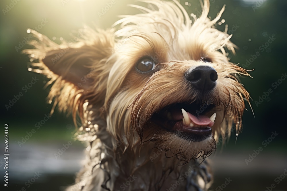Cute small happy smiling wet muzzle Yorkshire Terrier dog enjoying ...
