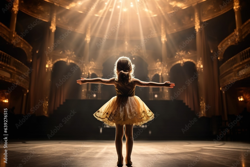 Rear view of little girl dancing ballet under spotlight on stage ...