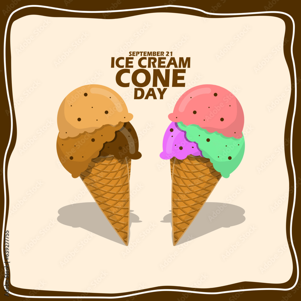 Two ice cream cones of various flavors, with bold text in a frame on a ...