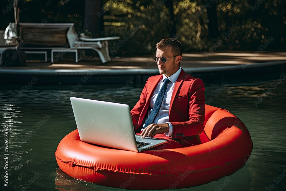 A man in a red suit using a laptop while sitting in an inflatable boat ...
