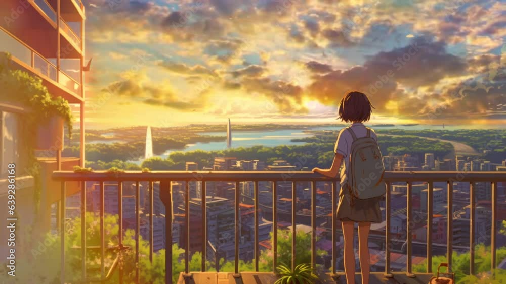 back view of anime woman in japan landscape in anime illustration style ...