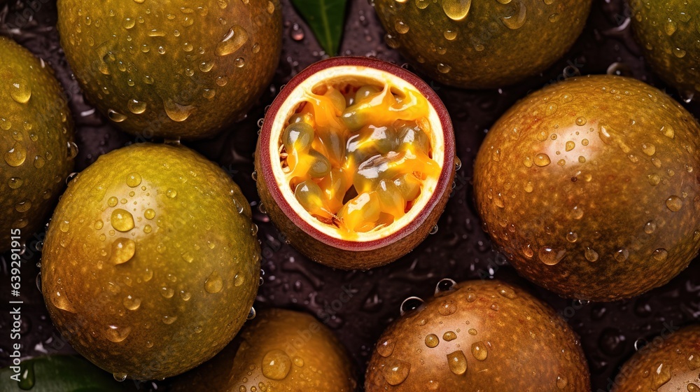 Realistic photo of a bunch of passion fruits. top view fruit scenery ...