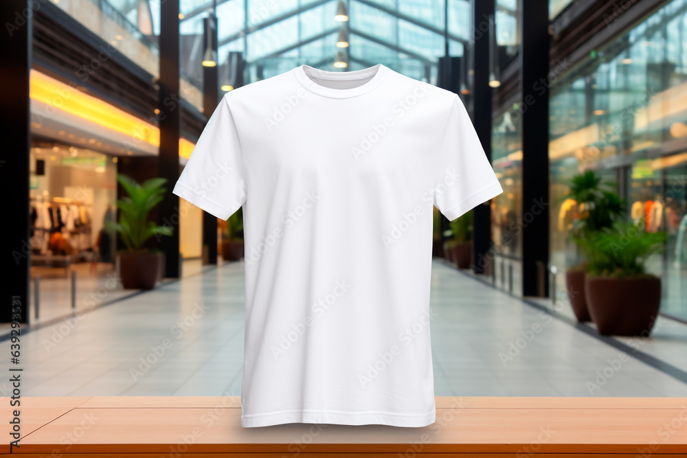 Classic white t-shirt mock up on a shopping mall background Stock ...