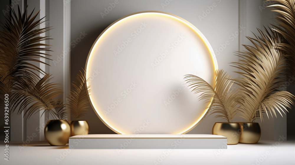 Round white podium and gold palm leaf, Abstract minimal geometric ...