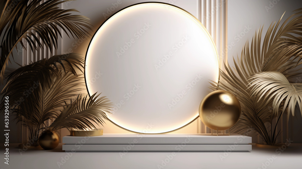 Round white podium and gold palm leaf, Abstract minimal geometric ...