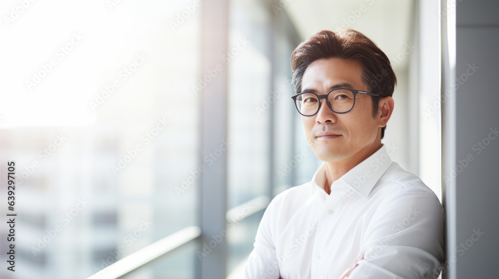 Handsome 45 years old gentle Korean man, wearing glasses, formal slick ...
