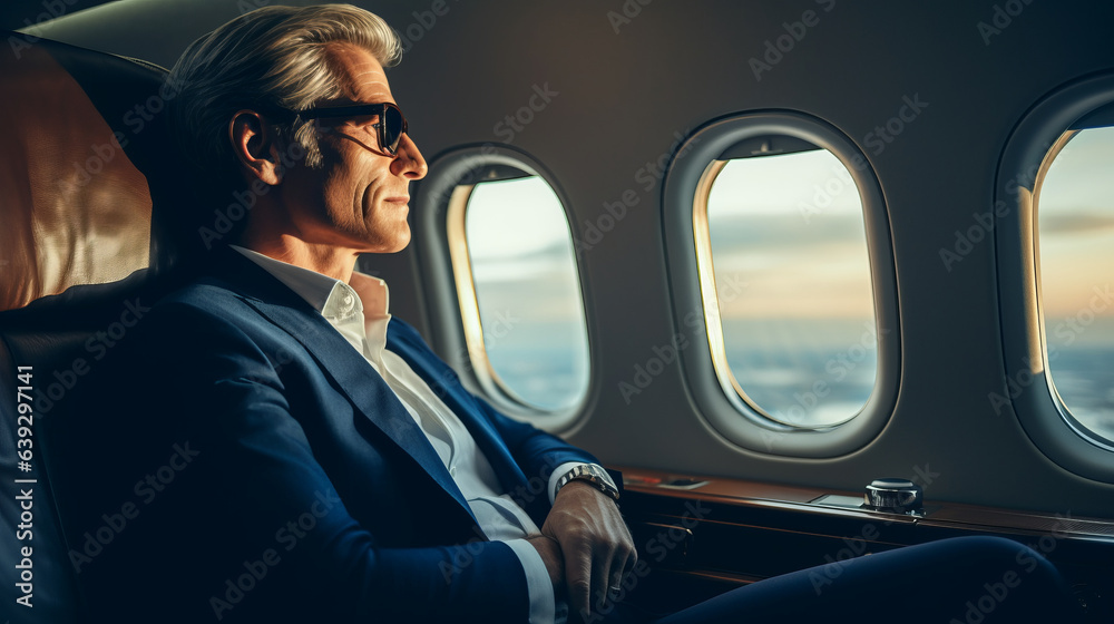 Rich billionaire mature man on a seat of his private jet looking ...
