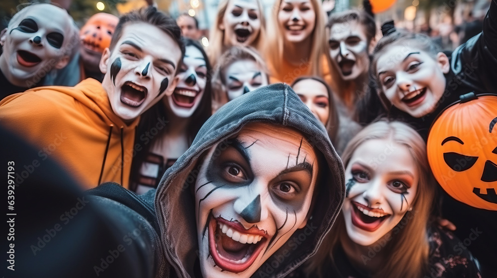 Selfie of group of people of different ages looking into camera, people ...