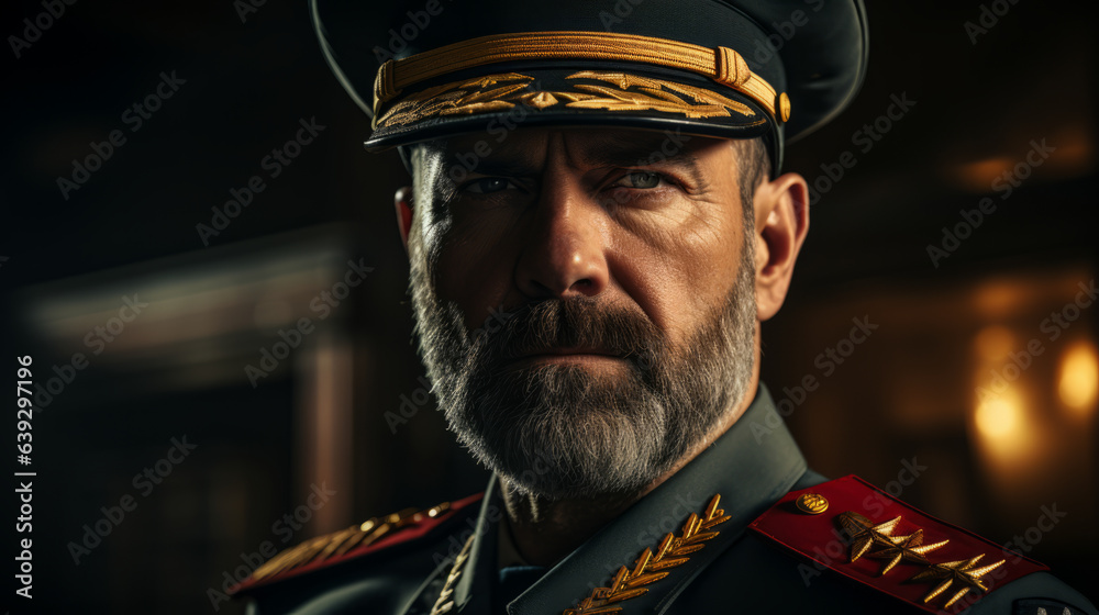 Strong dictator man facing the camera, military general, with military ...