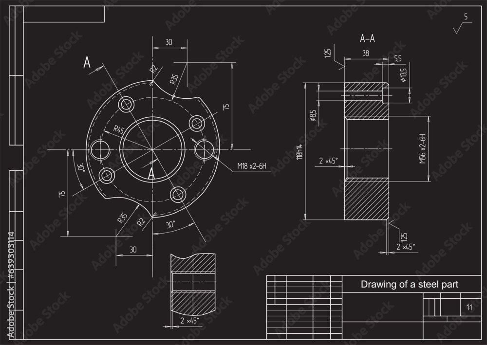 Vector drawing of a steel mechanical part with through holes ...