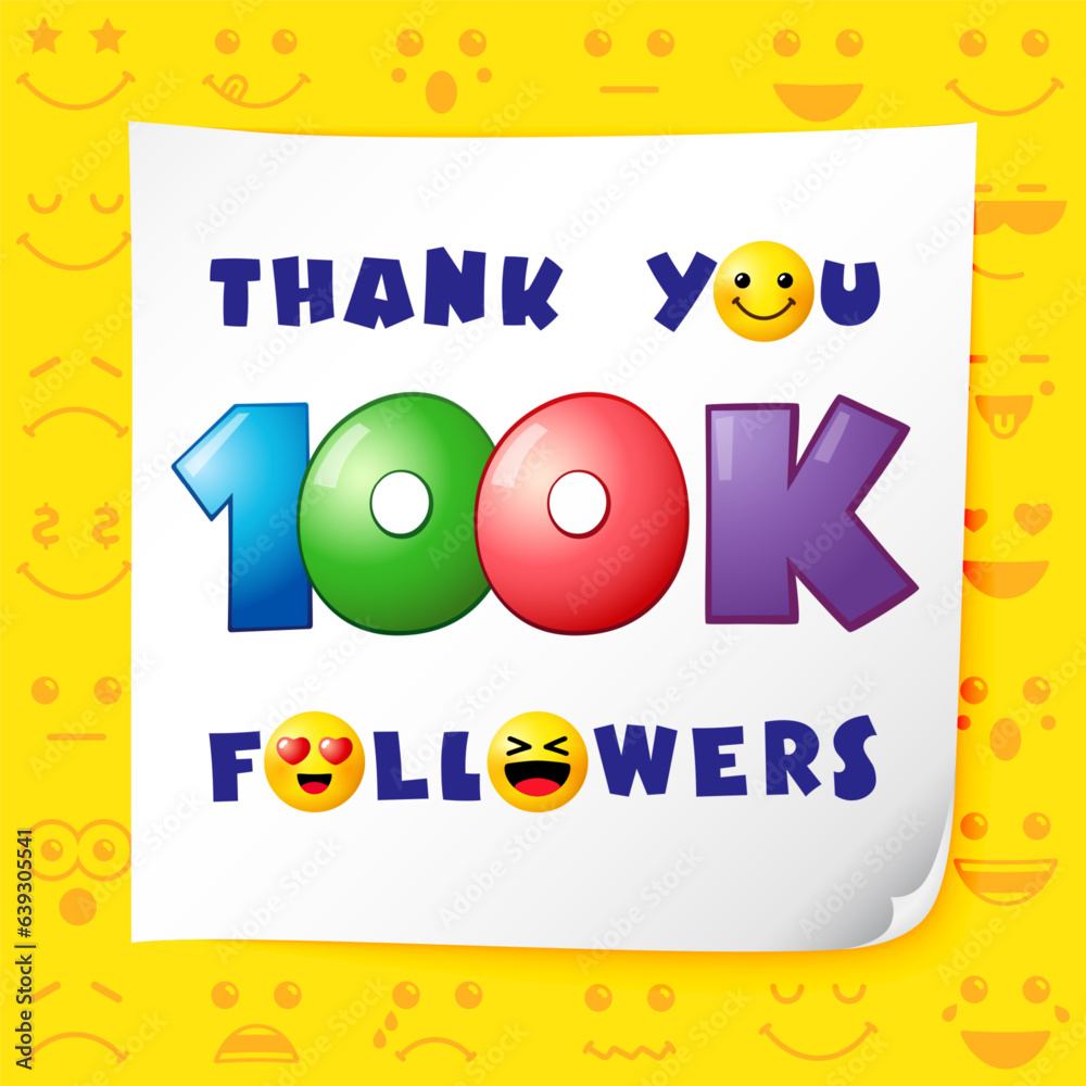 Thank you 100K followers social media poster. Set of emoticons ...