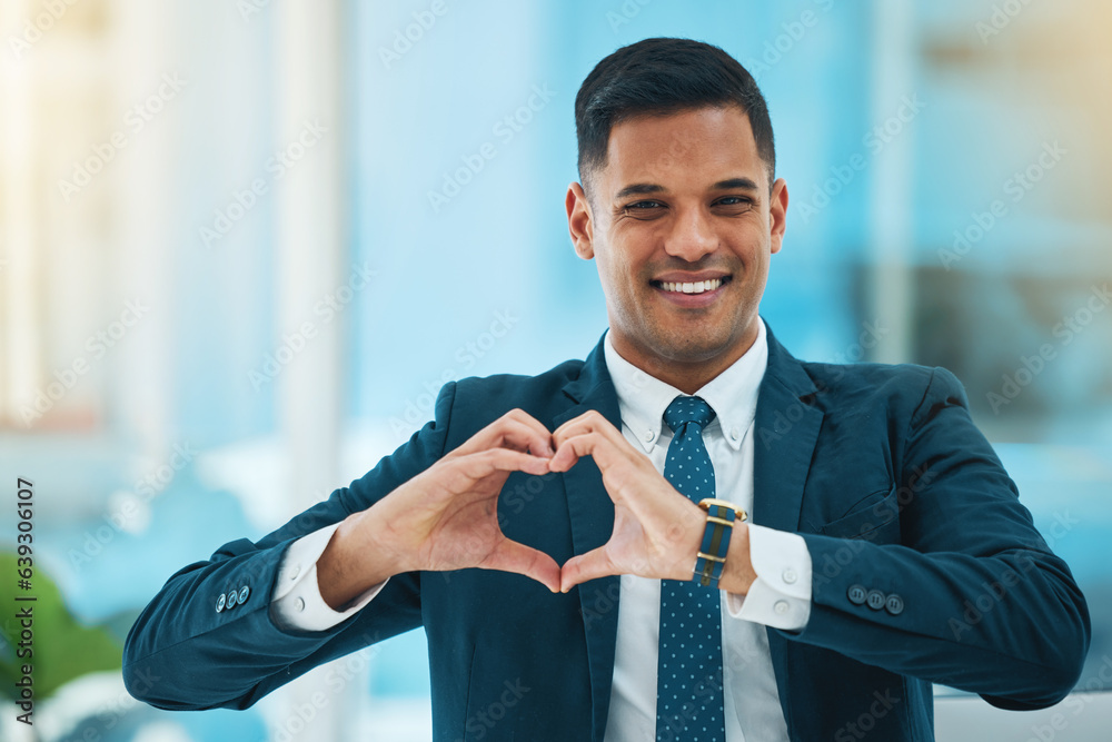 Hands, heart and portrait of business man for love, care and kindness ...