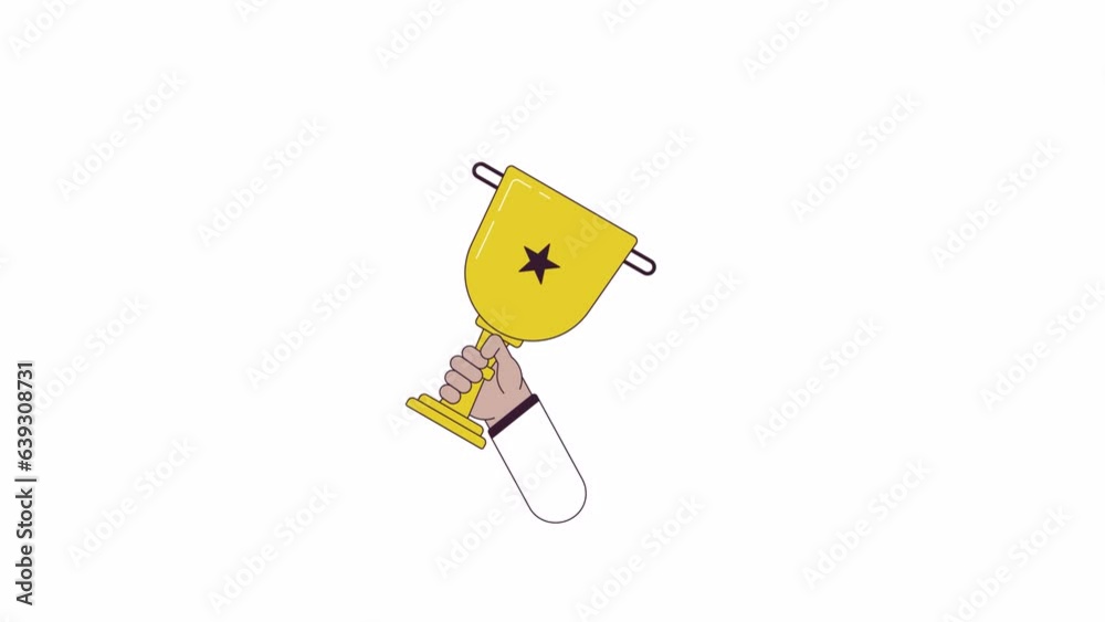 Hand holding champion trophy line 2D character hand animation. 1st ...