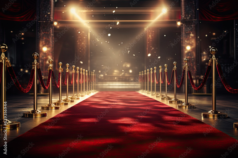 Red carpet rolling out in front of glamorous movie premiere background ...