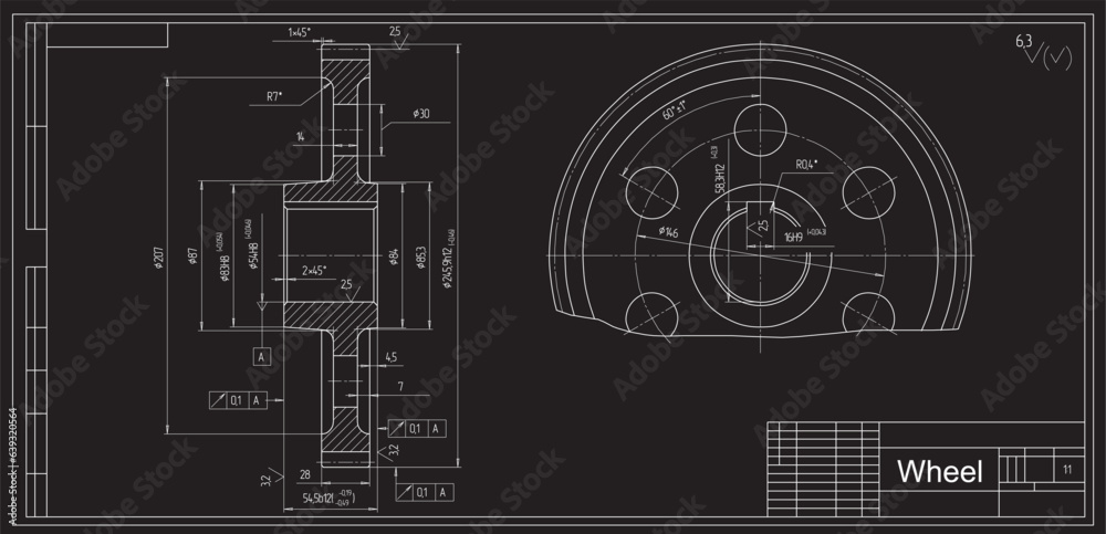 Vector engineering cad drawing of a mechanical part (steel wheel) with ...