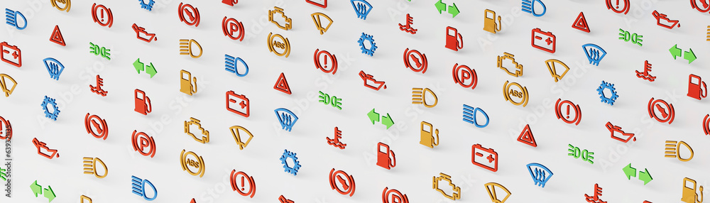 3D Illustration of dashboard panel indicators warning maintenance signs ...