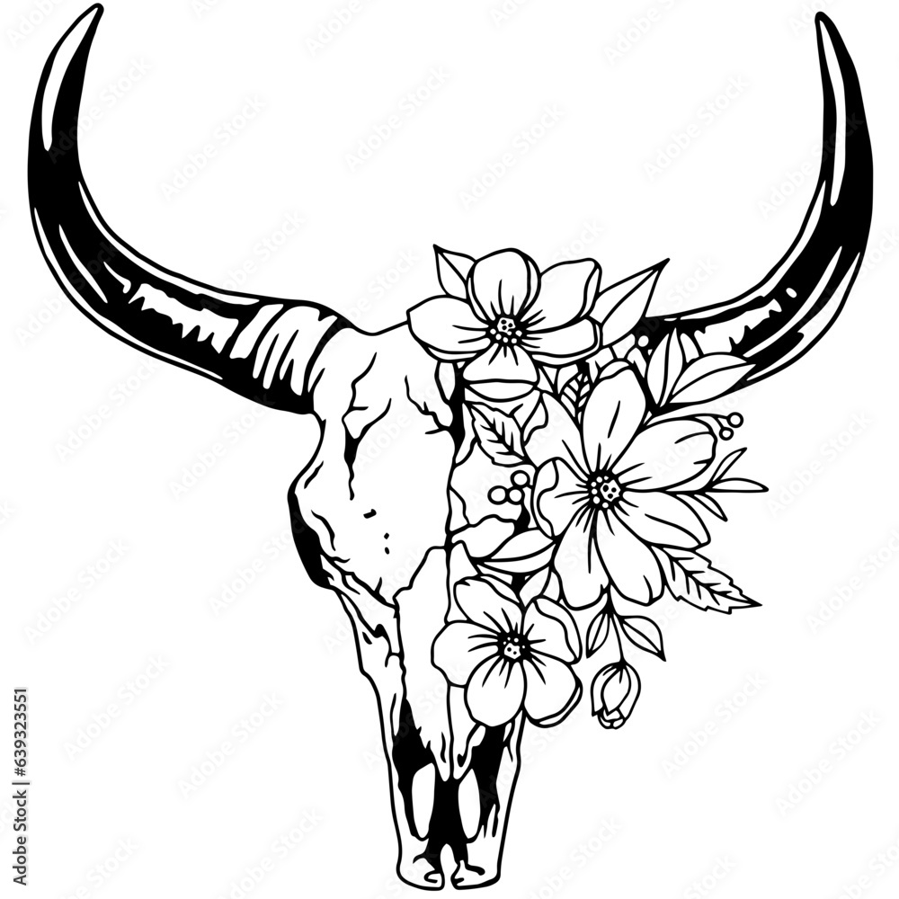 Texas longhorn black and white vector illustration. Longhorn skull with ...