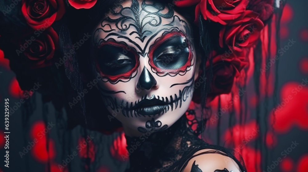 Fashion model skin face in original make-up with wreath of red rosesfor ...