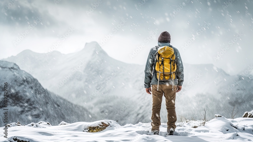 Male hiker, full body, view from behind, standing in a snow storm Stock ...