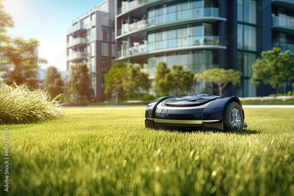 Automatic robotic lawn mower moving on green lawn near modern ...