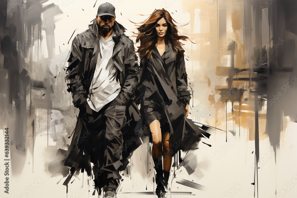 Fashion design sketch of homeless people, man and woman in the park. AI ...