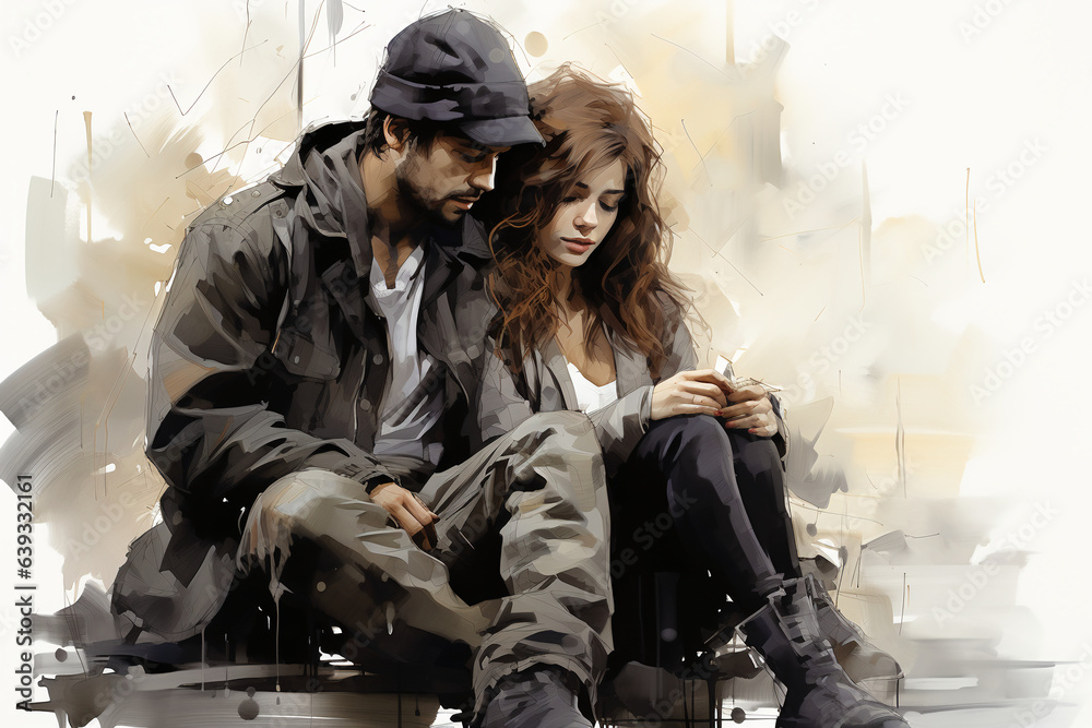 Fashion design sketch of homeless people, man and woman in the park. AI ...