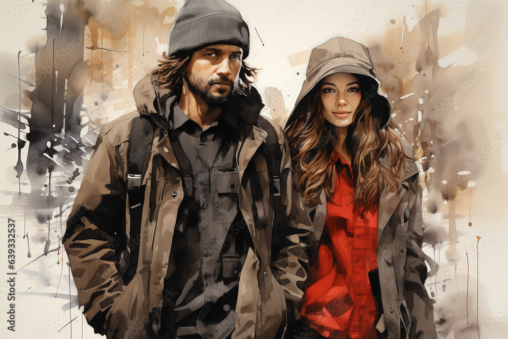 Fashion design sketch of homeless people, man and woman in the park. AI ...