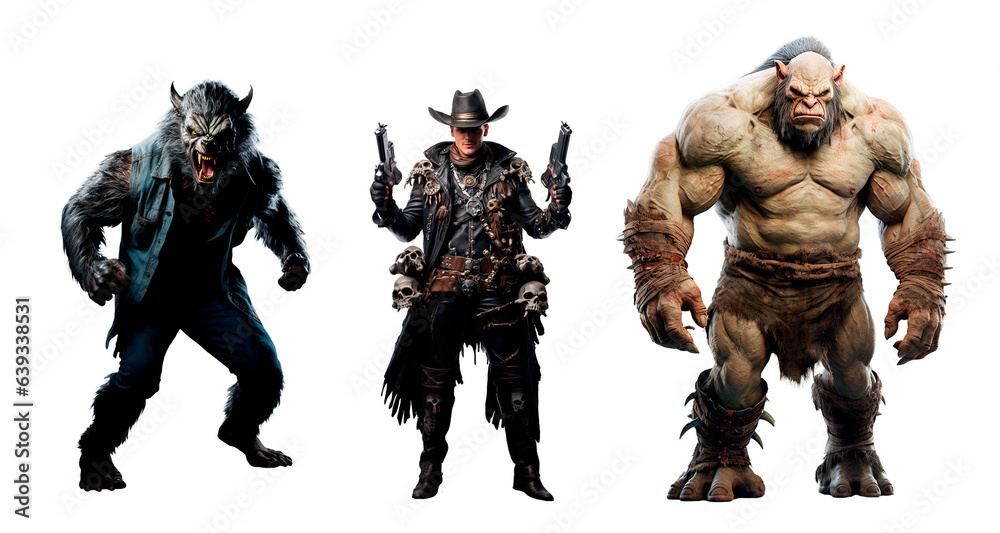 Monster hunter with a werewolf and ogre monster. Full body shot on ...