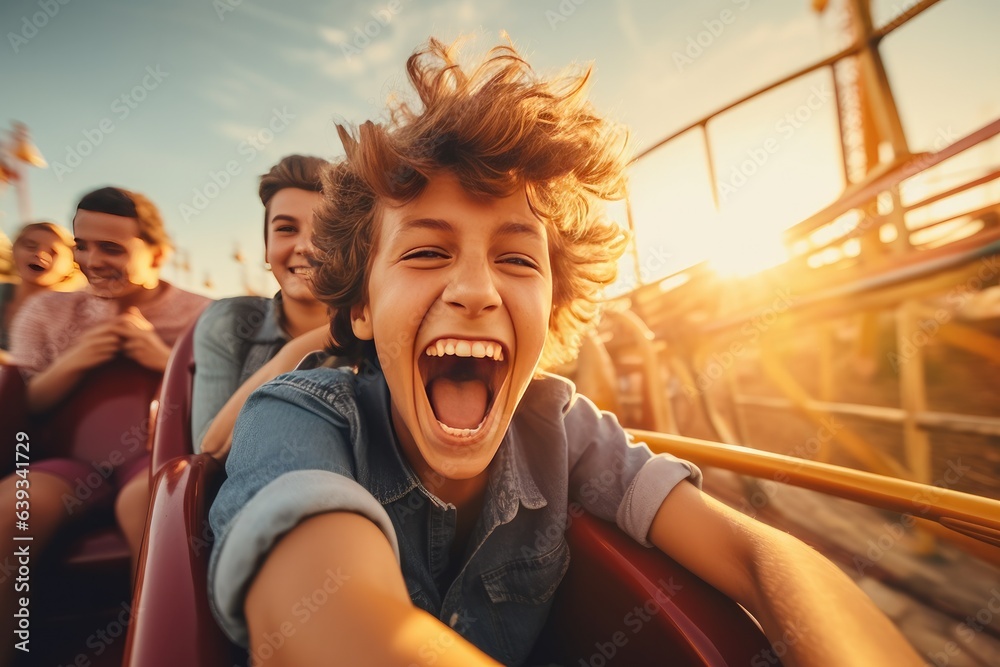 Friends riding roller coaster ride at amusement park. People having fun ...