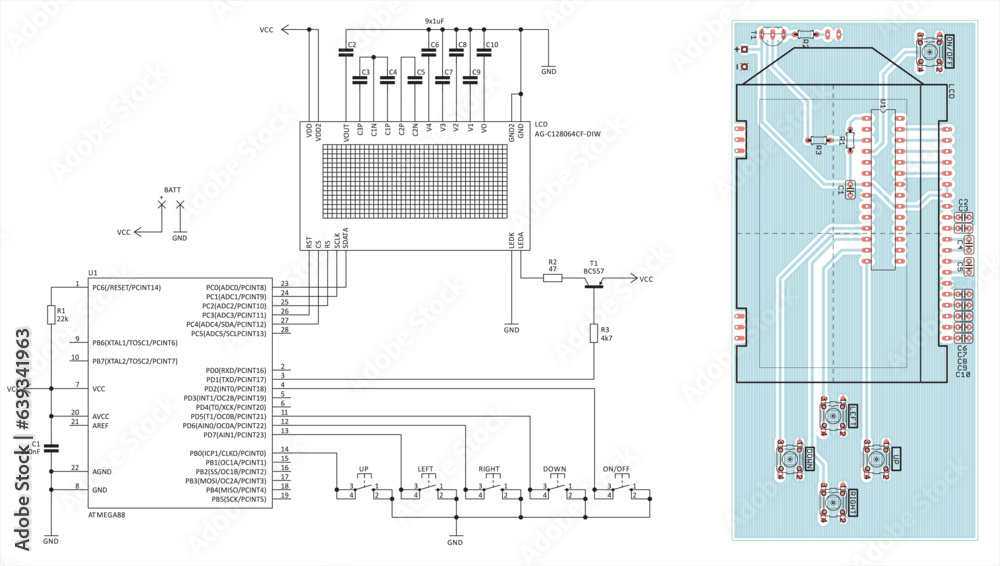 Vector drawing of the electrical schematic diagram and a printed ...