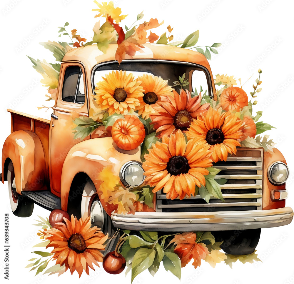 Fall Pumpkin Truck Clipart, Watercolor Vintage Farm Truck PNG, Autumn ...