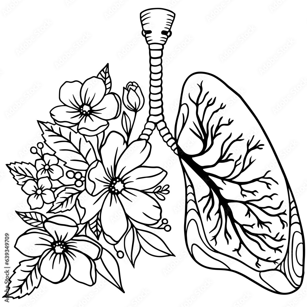Human lungs with flowers black isolated vector icon. Lung, bronchi ...