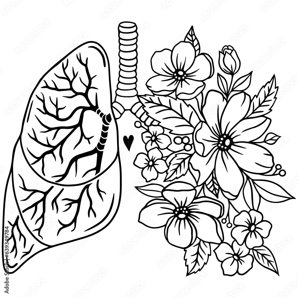 Human lungs with flowers black isolated vector icon. Lung, bronchi ...