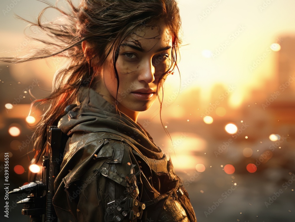 Portrait of beautiful epic warrior woman cyberpunk ninja at sunset AI ...