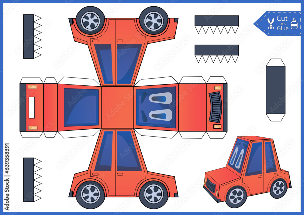 Craft game cut and glue paper 3d car character. Kids papercraft ...