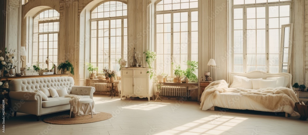Old fashioned studio apartment with large windows flooded with sunlight ...