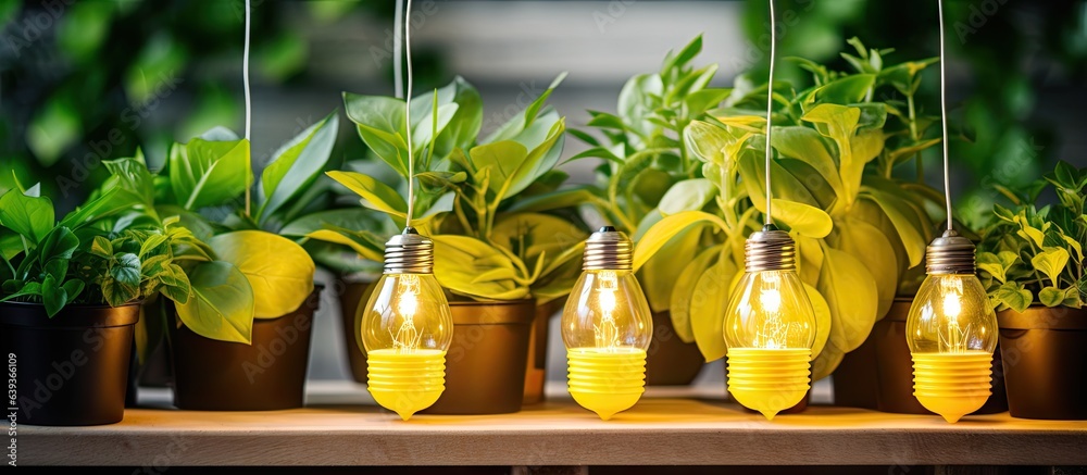 Yellow light bulbs used in interior design with greens and flowerpots ...