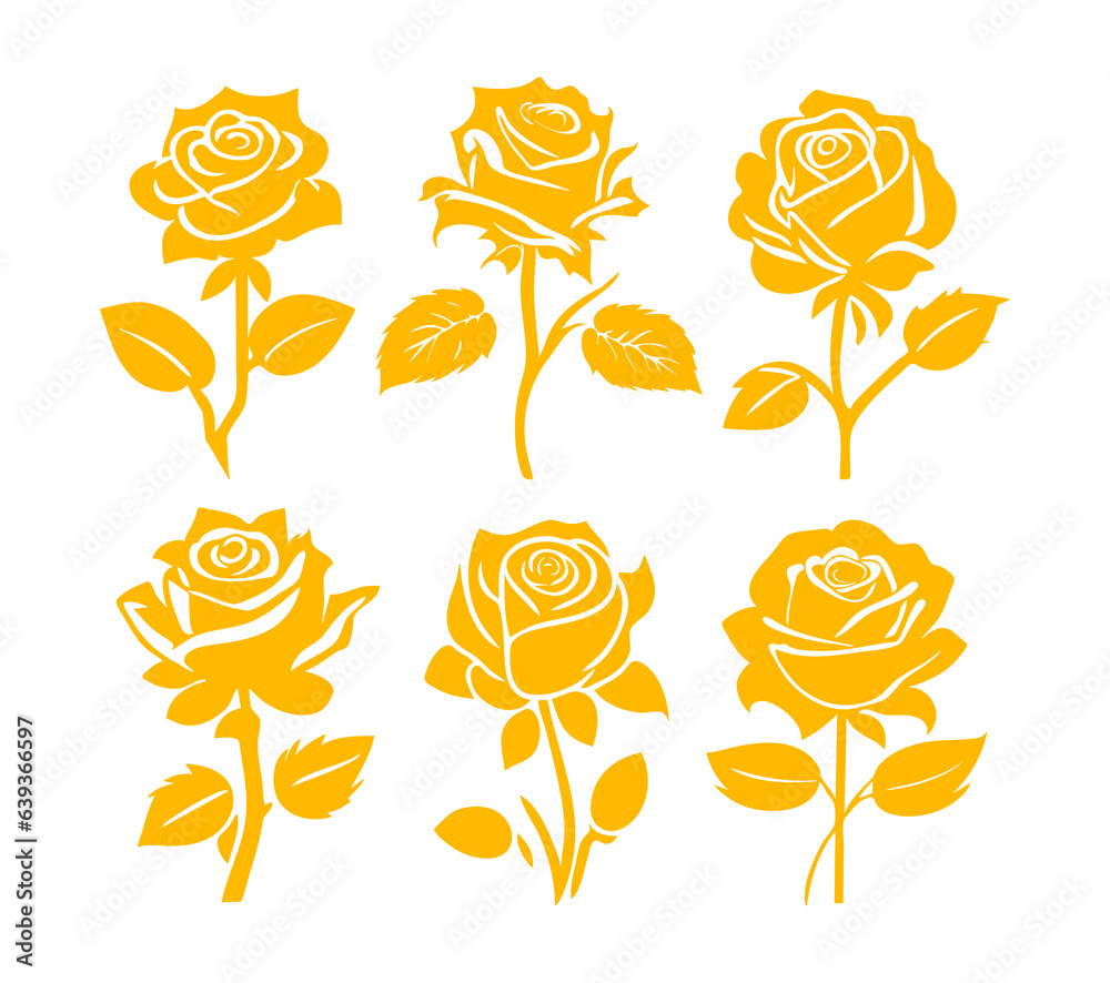 Yellow roses flowers silhouette sign set drawing isolate on white ...